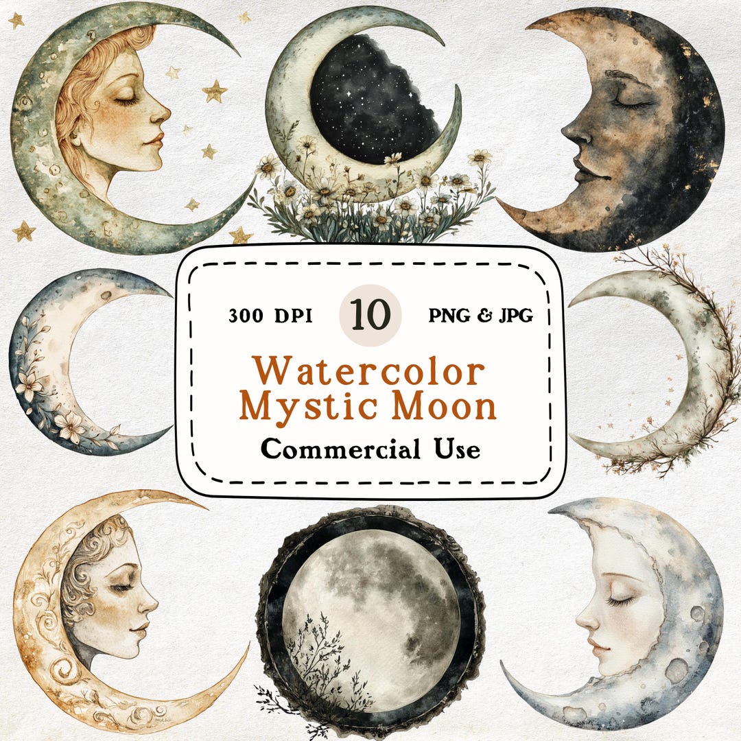 Mystic Moon - 10 Watercolor Clipart Set, Moon Clip Art, Witchy Clipart ...