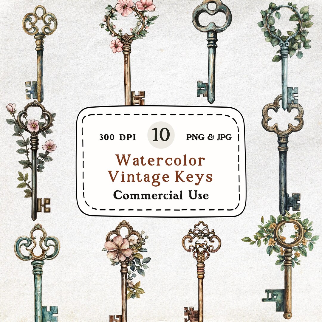 Watercolor Vintage Key Clipart Set – Antique Illustration (PNG & JPG ...