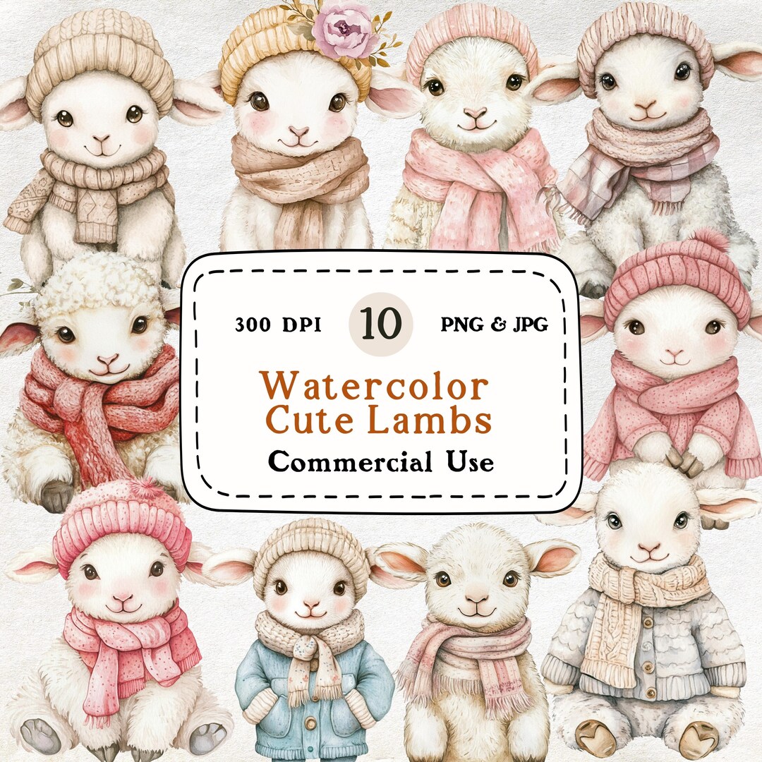 Cute Lambs - 10 Watercolor Clipart Set, Cute Lamb Clip Art, Animal ...