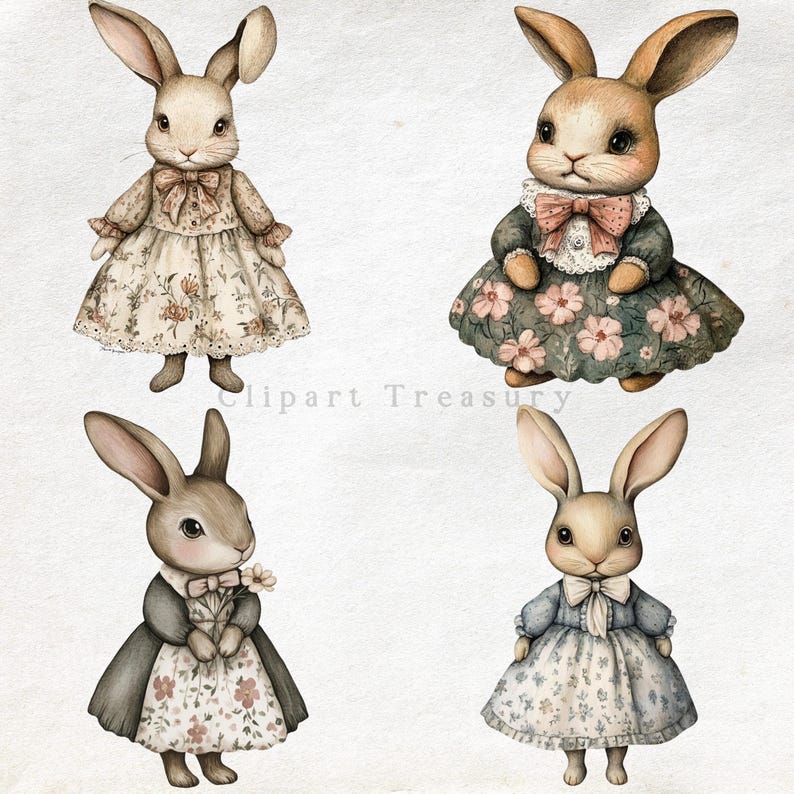 Cute Bunnies - 10 Watercolor Clipart Set, Cute Rabbit Clipart, Toy ...
