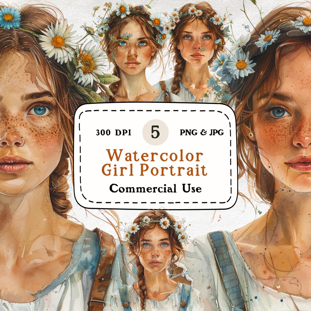 Cute Girl Portrait 5 Watercolor Clipart Set, Woman Clipart, Watercolor ...