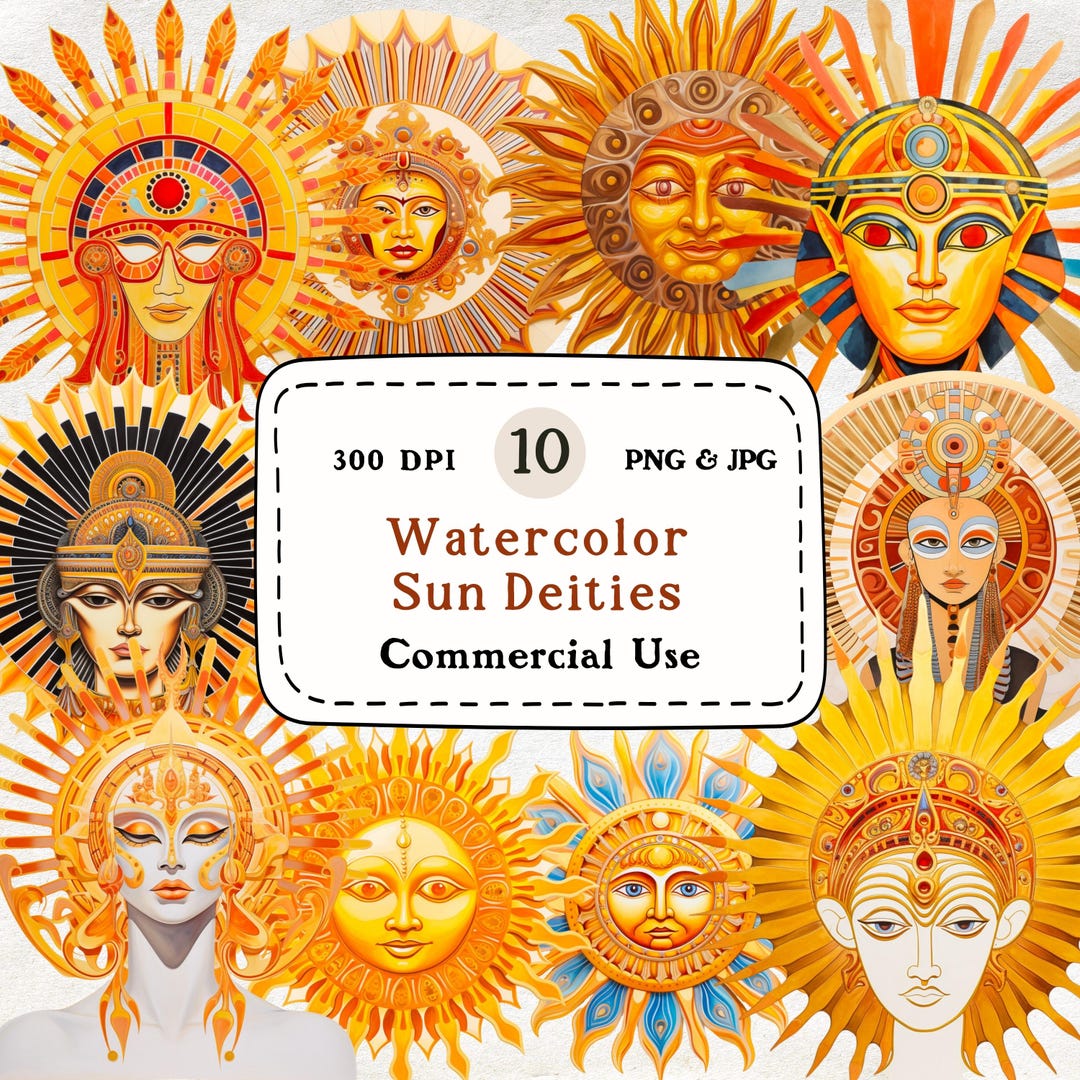 Sun Deities - 10 Watercolor Clipart Set, Solar Beings, Mythological Sun ...