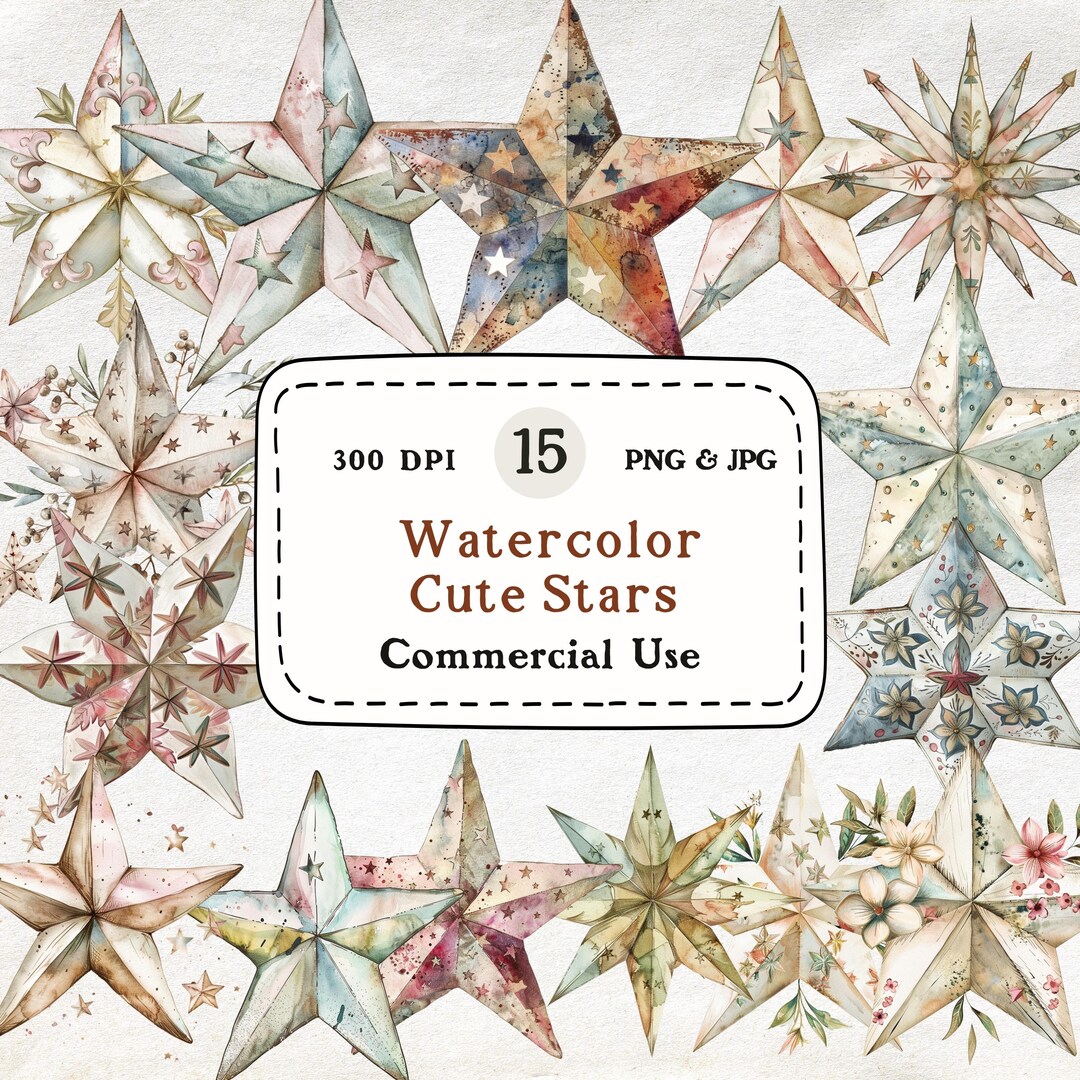 Watercolor Star Clipart Bundle, Vintage Folk Art, Rustic Nursery Decor ...