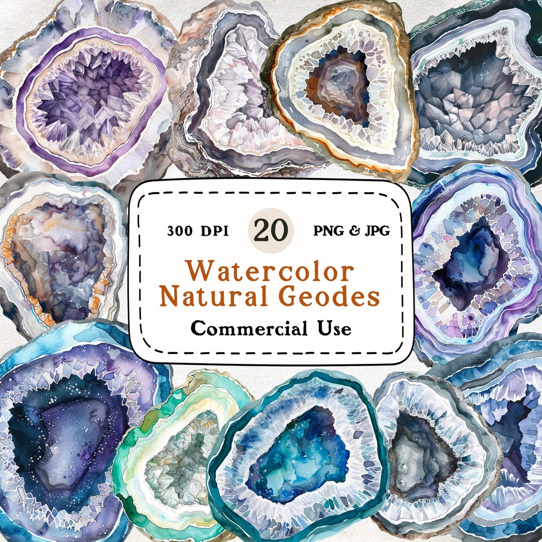 Natural Geodes - 20 Watercolor Clipart Set, Geode Clipart, Crystal PNG ...