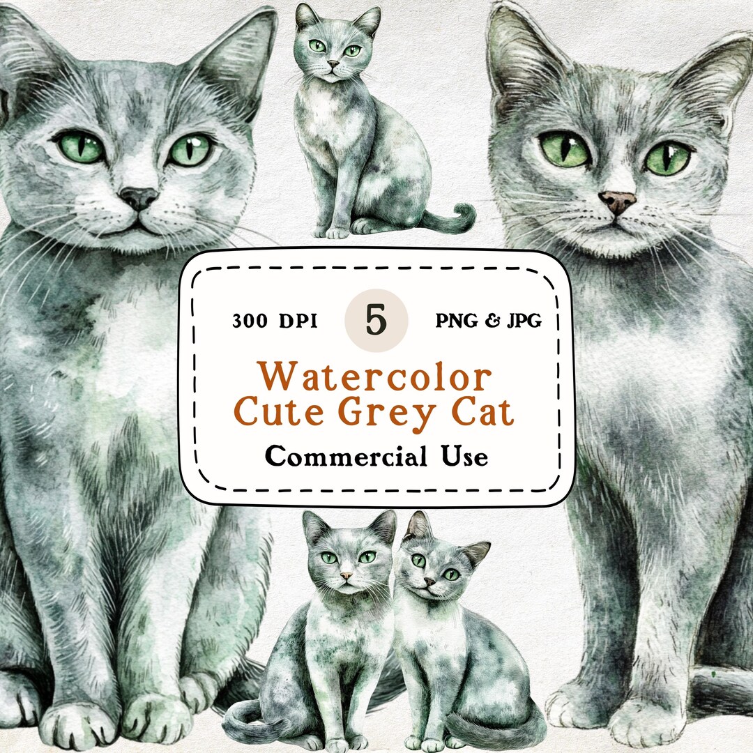 Cute Grey Cat - 5 Watercolor Clipart Set, Cat Clipart, Cat Lover, Cat ...