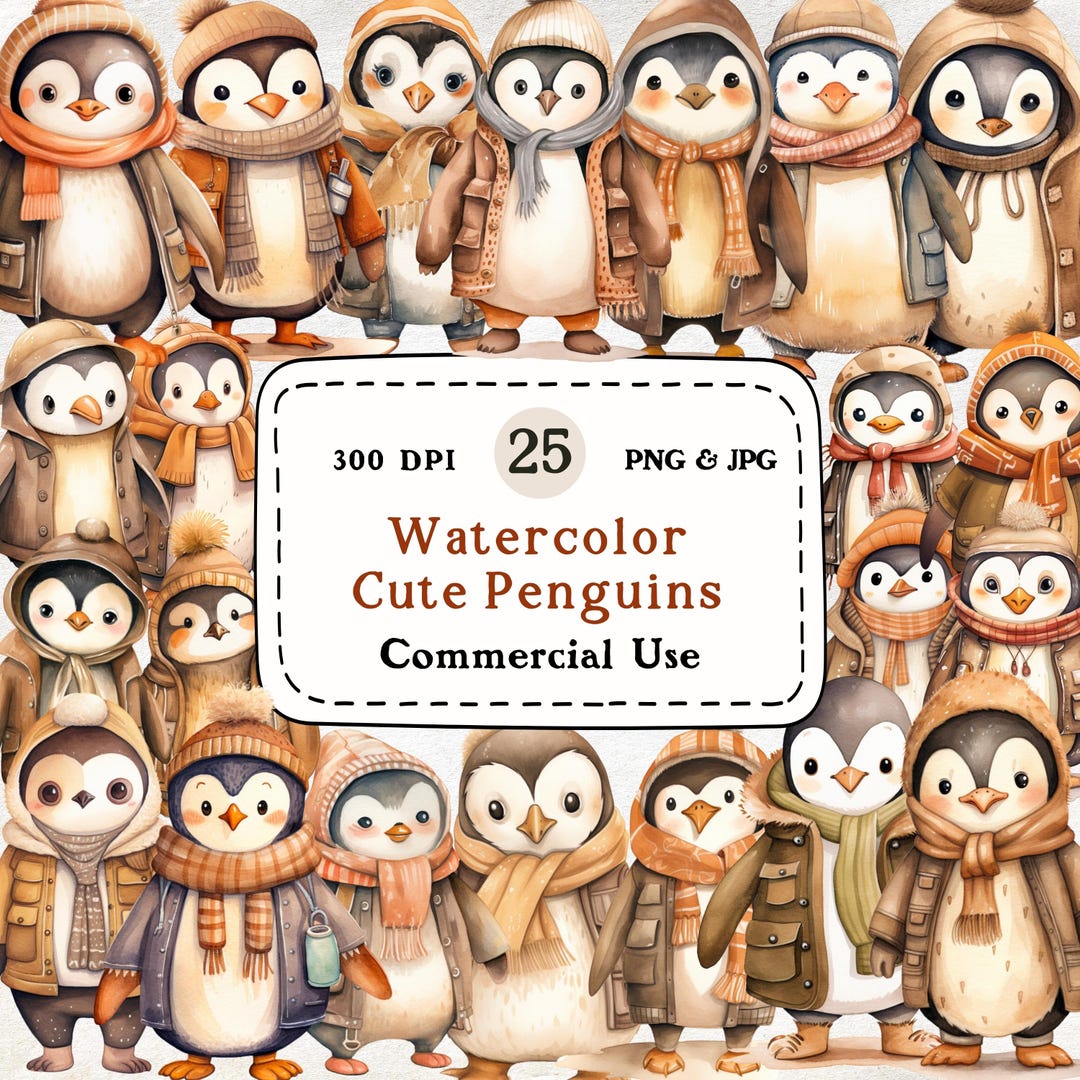 Cute Penguins - 25 Watercolor Clipart Set, Penguins in Clothes, Animal ...