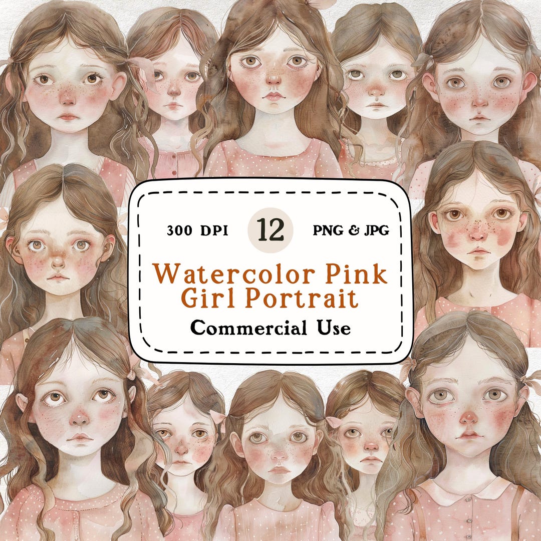 Pink Girl Portrait - 12 Watercolor Clipart Set, Cute Girl Clipart ...