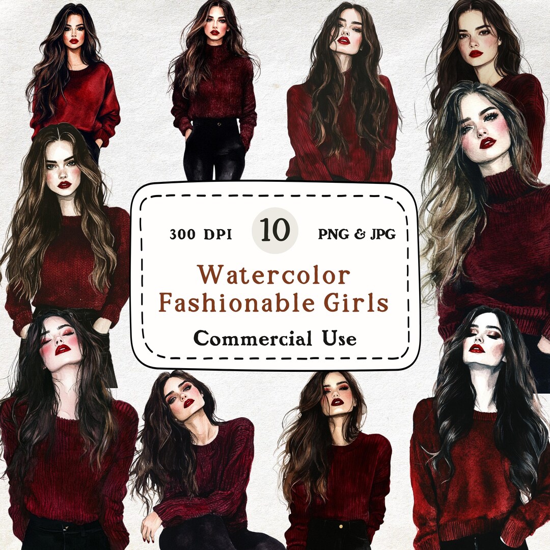 Watercolor Fashion Girl Clipart – Stylish Woman PNG Bundle (digital ...