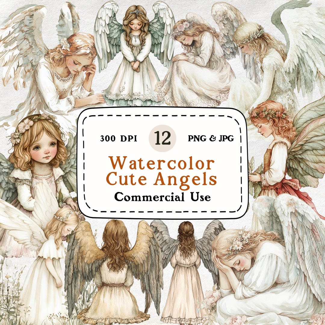 Watercolor Angel Clipart Set – 12 PNG & JPG Illustrations (digital ...