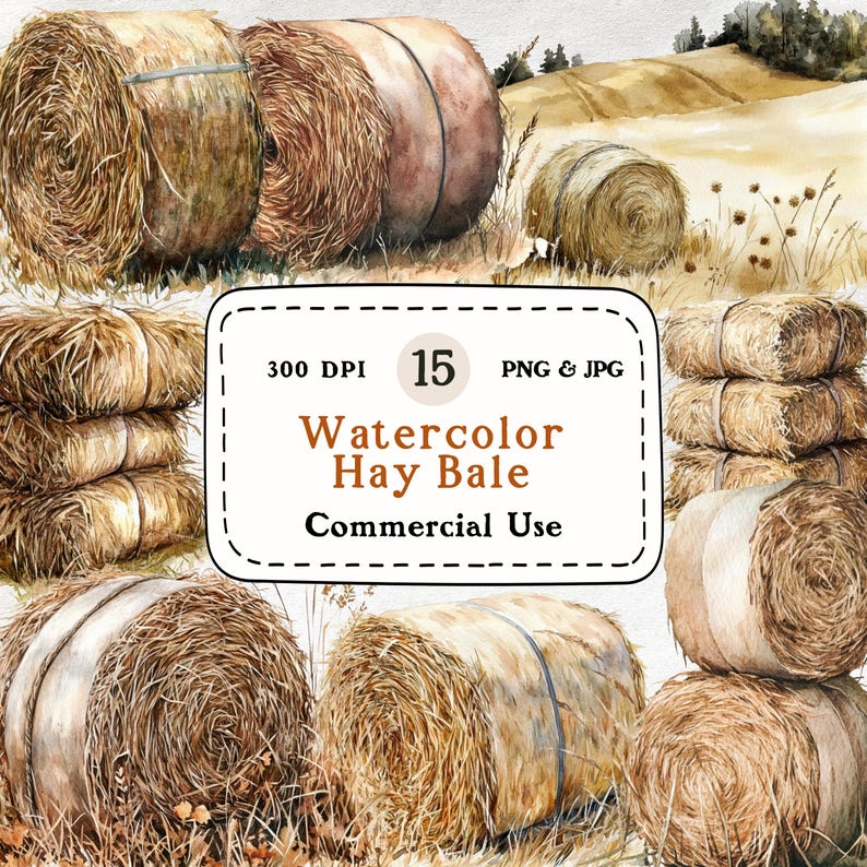 Watercolor Hay Bale Clipart Set – Autumn Farm Graphics (digital ...
