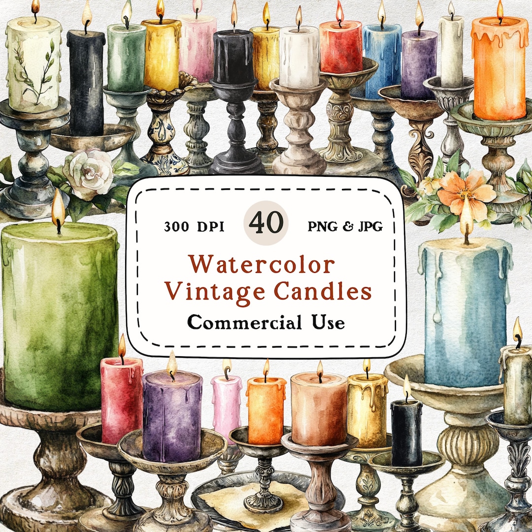 Vintage Candles - 40 Watercolor Clipart Set, Candle Clipart, Antique ...