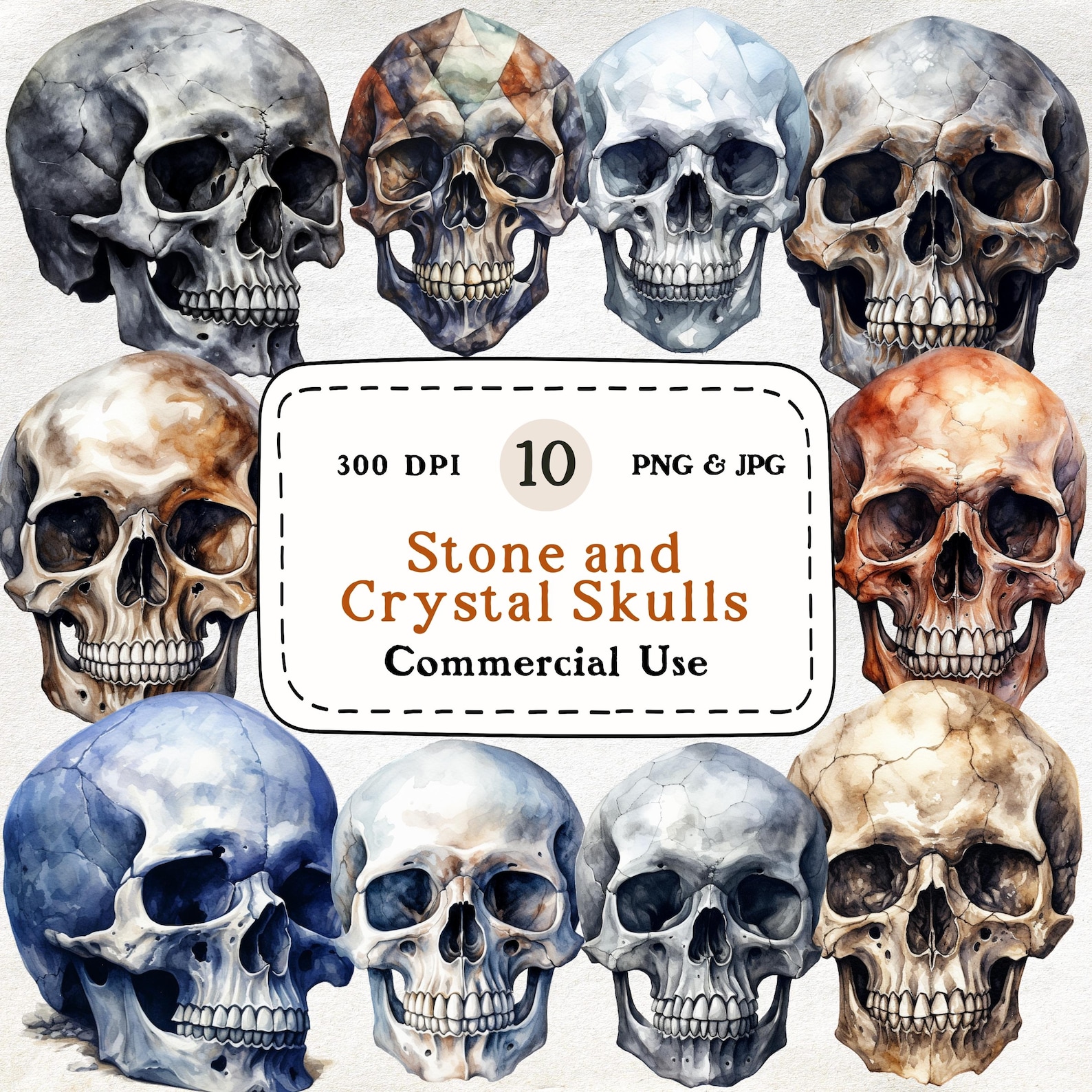 Watercolor Skull Clipart Set – Halloween, Floral, Stone Skulls (digital ...