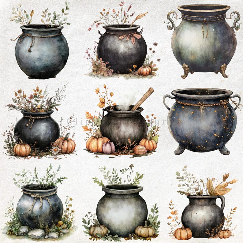 Witch's Cauldron - 9 Watercolor Clipart Set, Magic Potion Cauldron ...