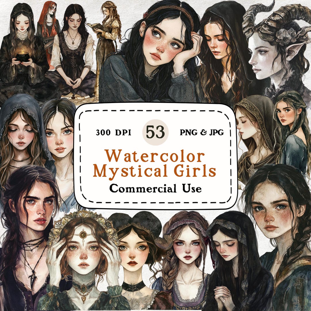 Mystical Girls - 53 Watercolor Clipart Set, Fantasy Clipart, Spiritual ...