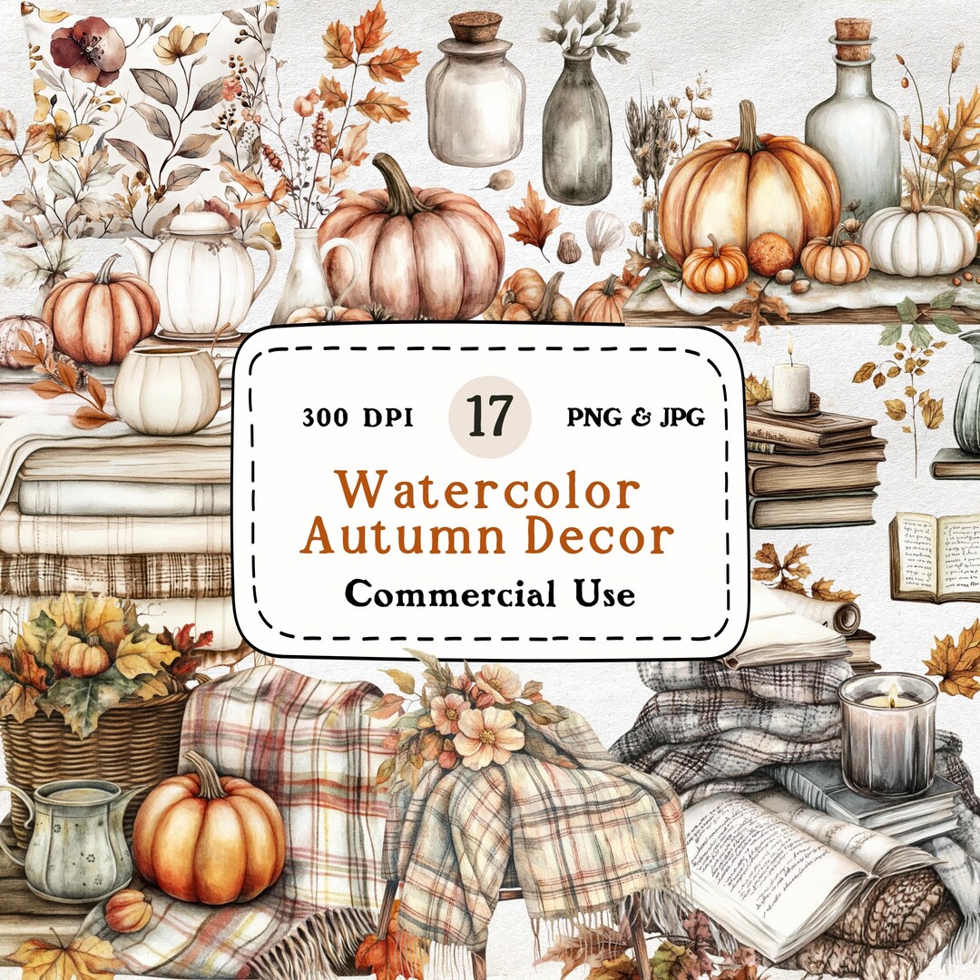 Autumn Decor - 17 Watercolor Clipart Set, Autumnal Illustrations, Fall ...