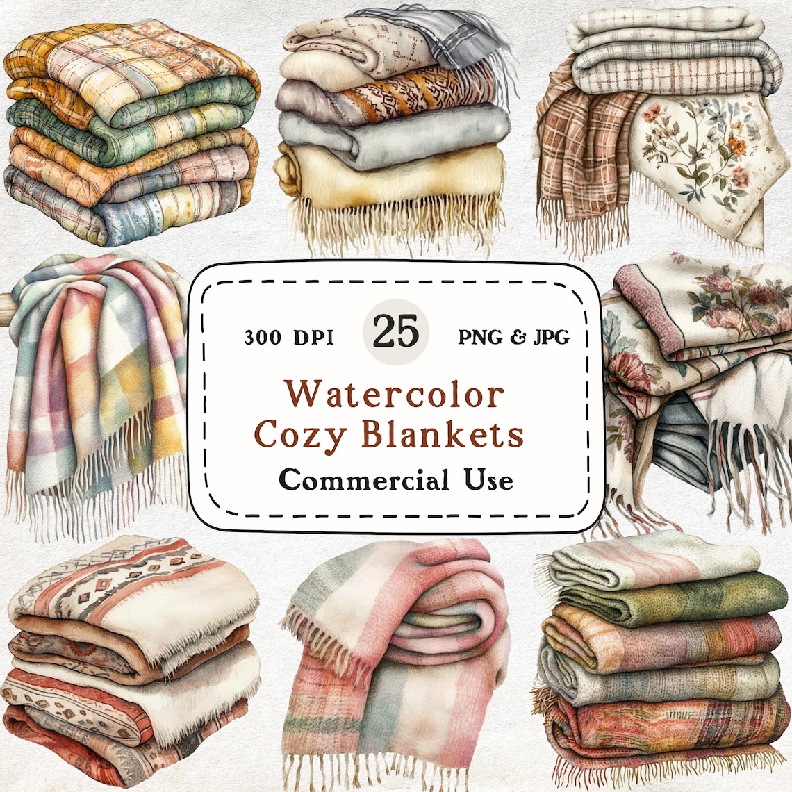 Watercolor Blanket Clipart Bundle | Cottagecore Plaid and Floral (PNG ...