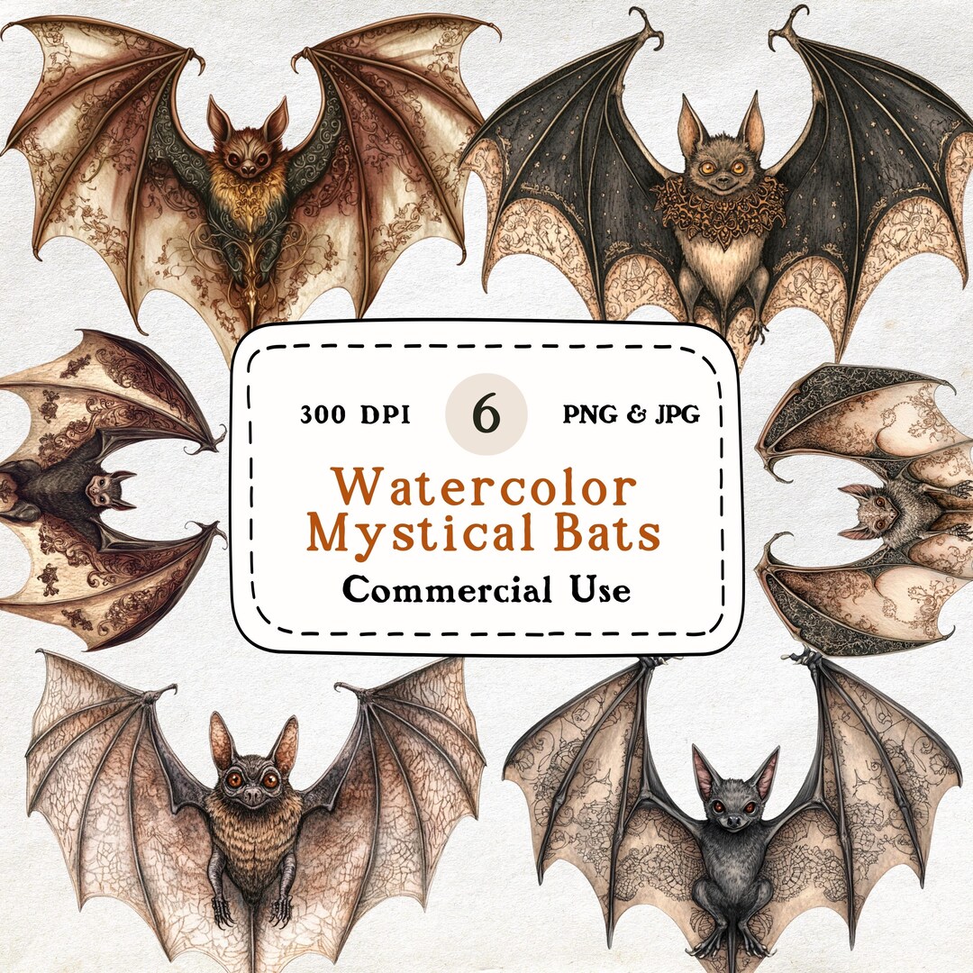 Magical Bats - 6 Watercolor Clipart Set, Bat Clipart, Whimsical, Animal ...