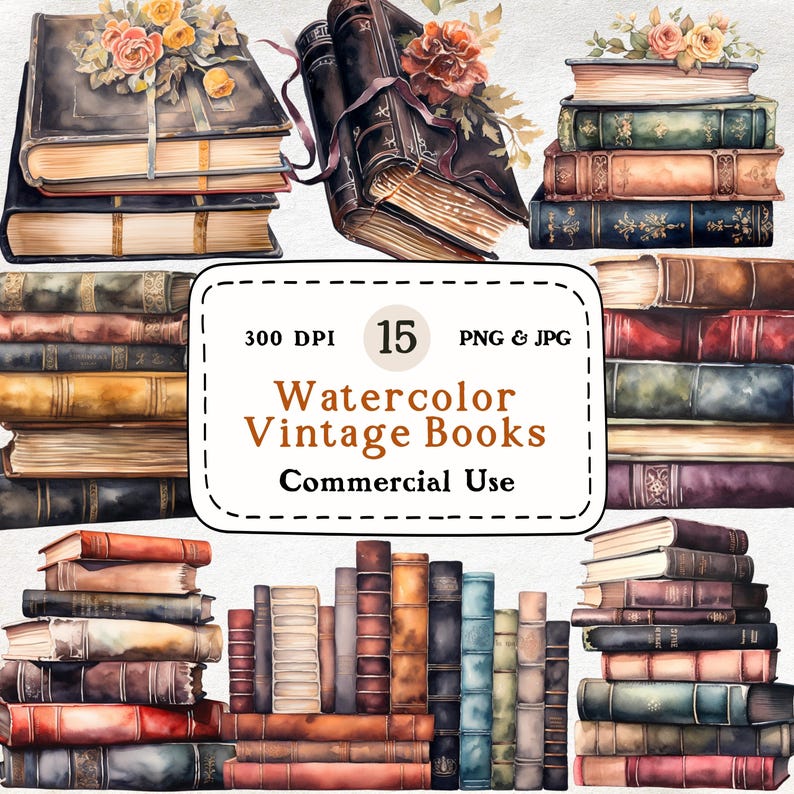 Vintage Books - 15 Watercolor Clipart Set, Old Book, Diary, Library ...