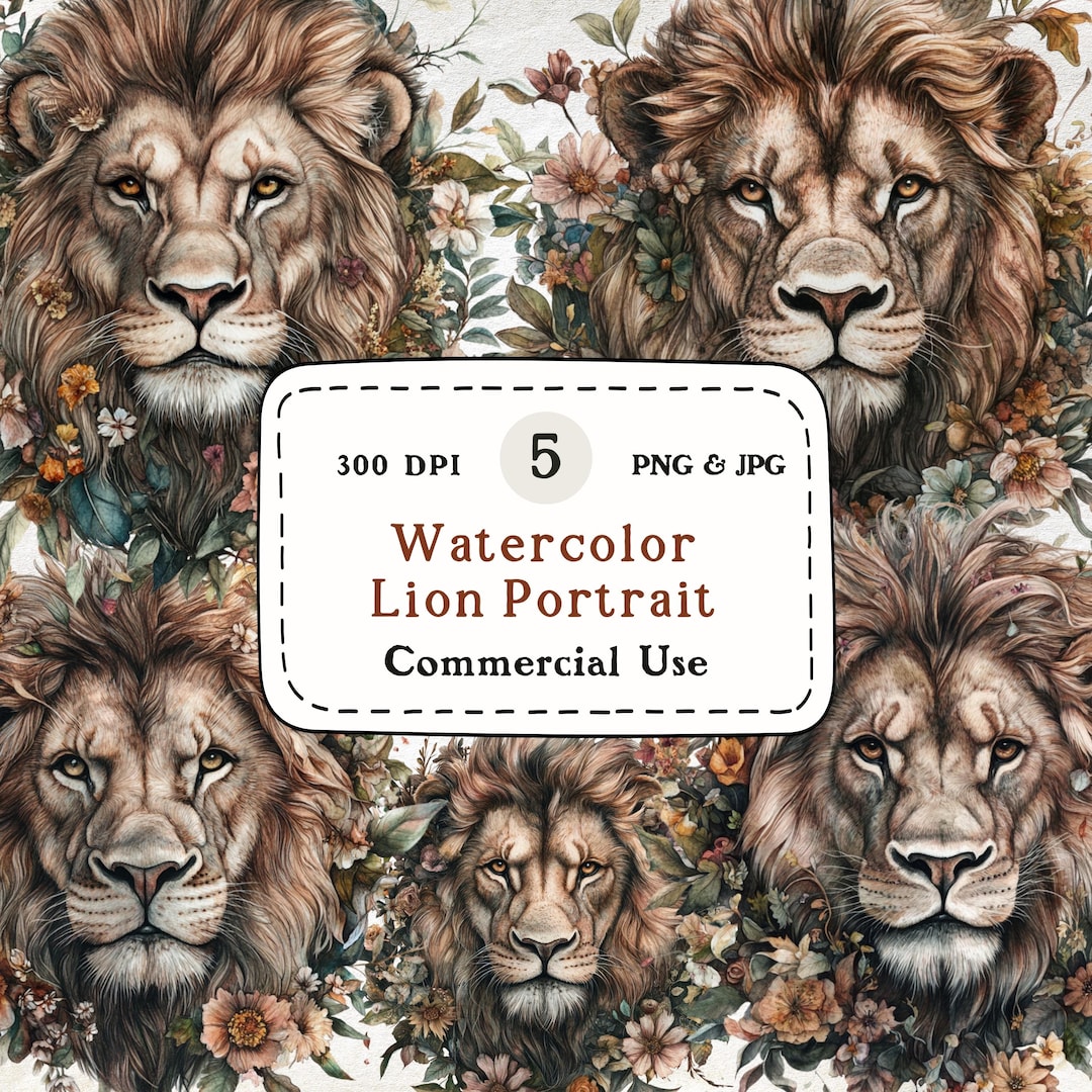 5 Lion Portrait Clipart, Watercolor Floral Lion Head Illustration ...