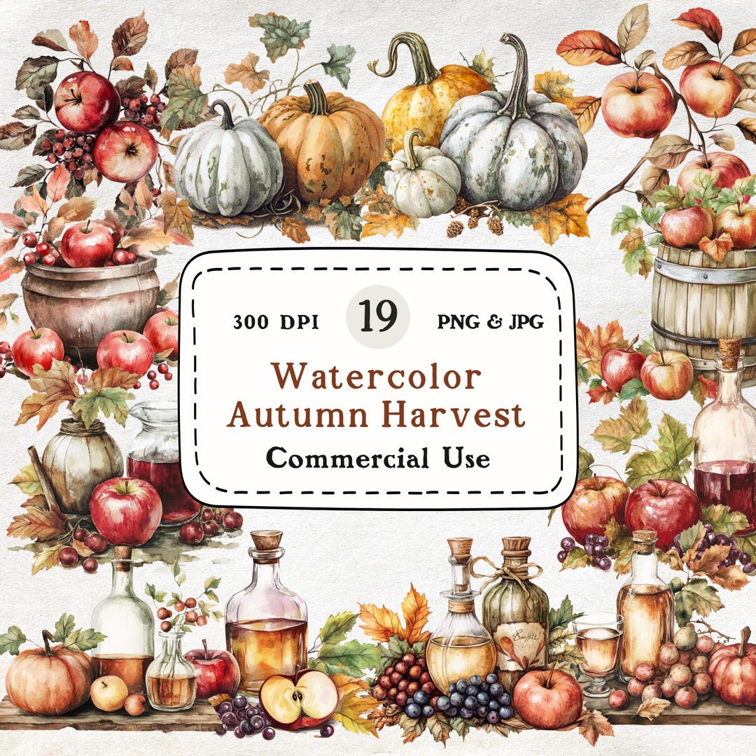 Watercolor Autumn Harvest Clipart – Pumpkins, Apples, Leaves (digital ...