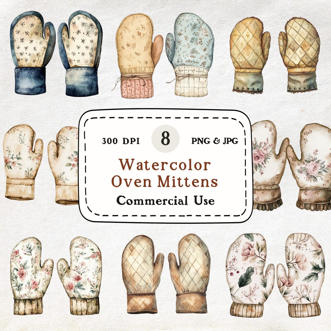 Watercolor Oven Mittens Clipart Set – Kitchen Illustration (digital ...
