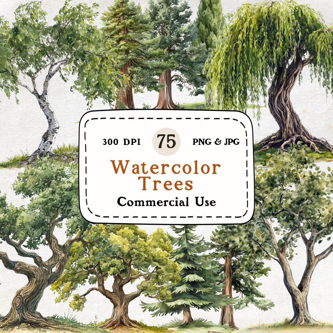 Watercolor Tree Clipart Set – 75 Nature Illustrations (digital Download ...