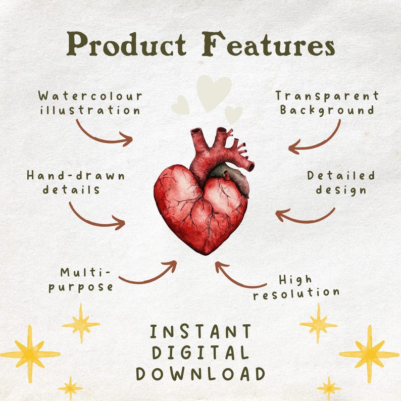 Heart - 20 Watercolor Clipart Set, Human Heart PNG, Anatomical Heart ...