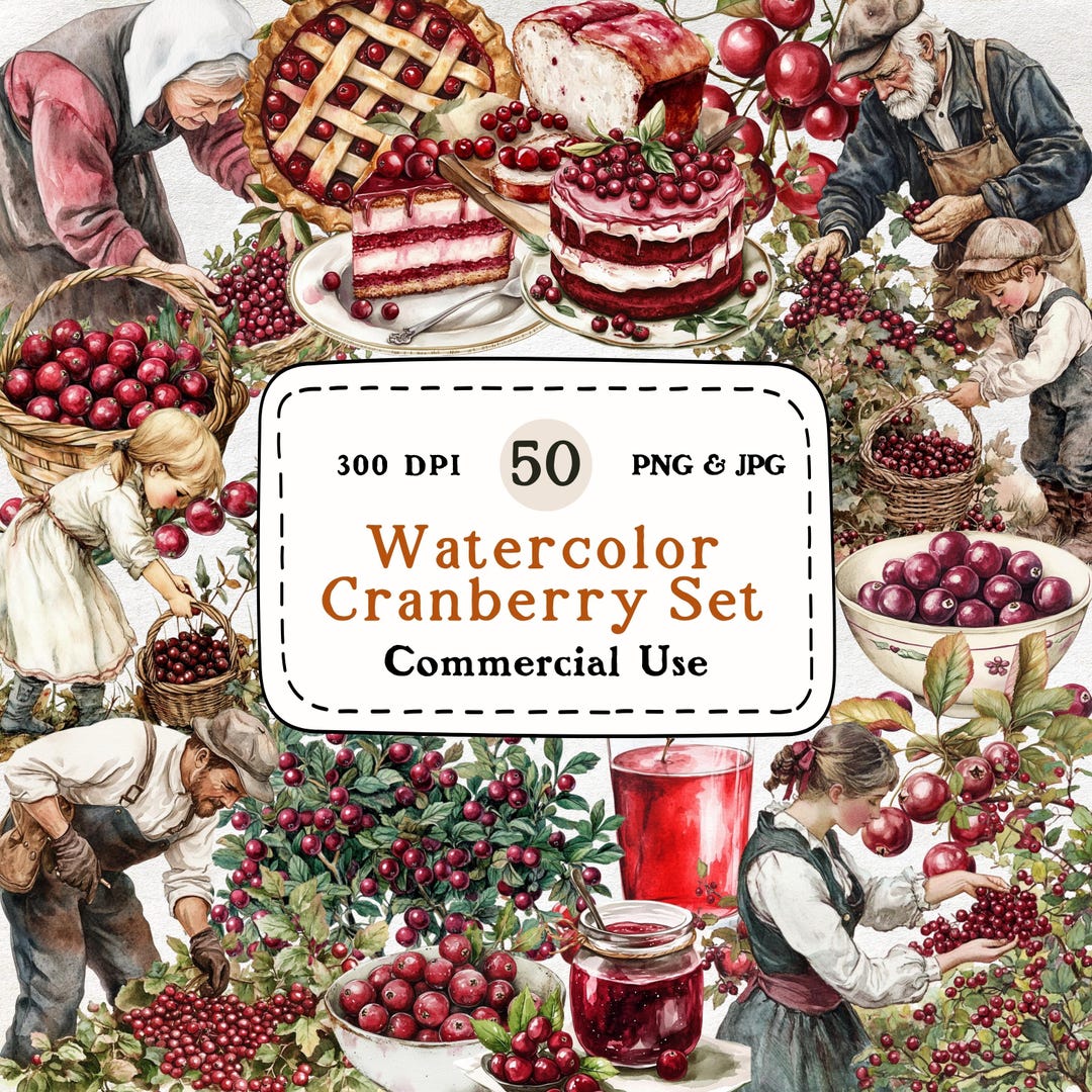 Cranberry Delight - 50 Watercolor Clipart Set, Baking With Cranberries ...