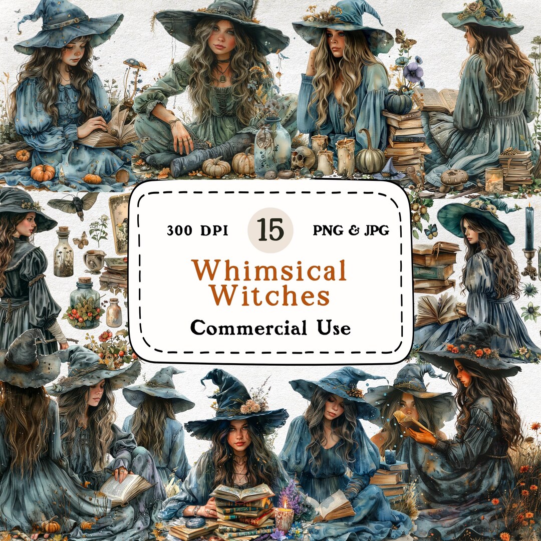 Watercolor Whimsical Witches Clipart Set – 15 PNG & JPG, Commercial Use ...