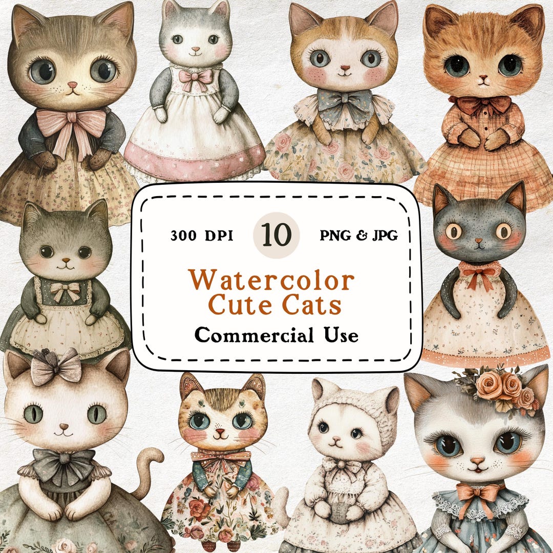 Cute Cats - 10 Watercolor Clipart Set, Cute Cat Clipart, Toy Cat ...