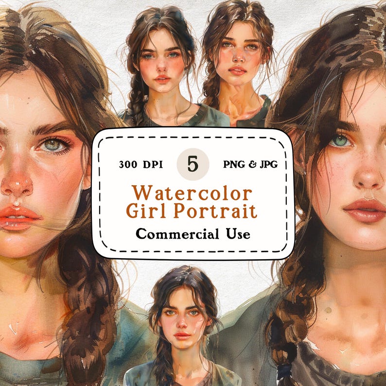 Cute Girl Portrait - 5 Watercolor Clipart Set, Woman Clipart ...