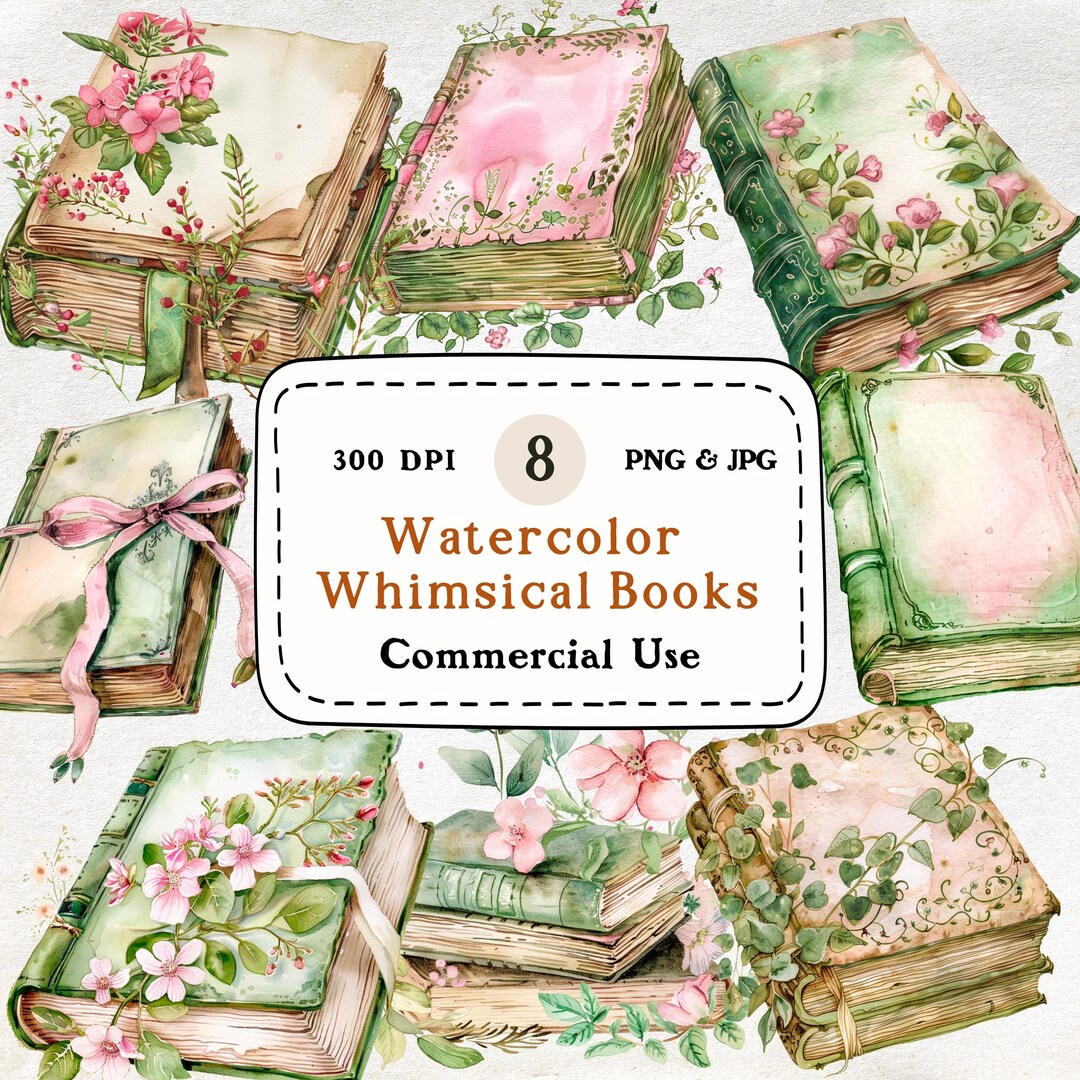 Whimsical Books - 8 Watercolor Clipart Set, Old Book, Diary, Library ...