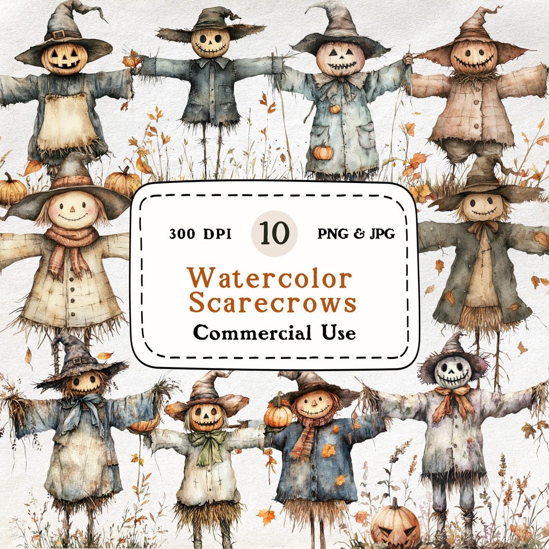 Scarecrows - 10 Watercolor Clipart Set, Scarecrow Clipart, Halloween ...