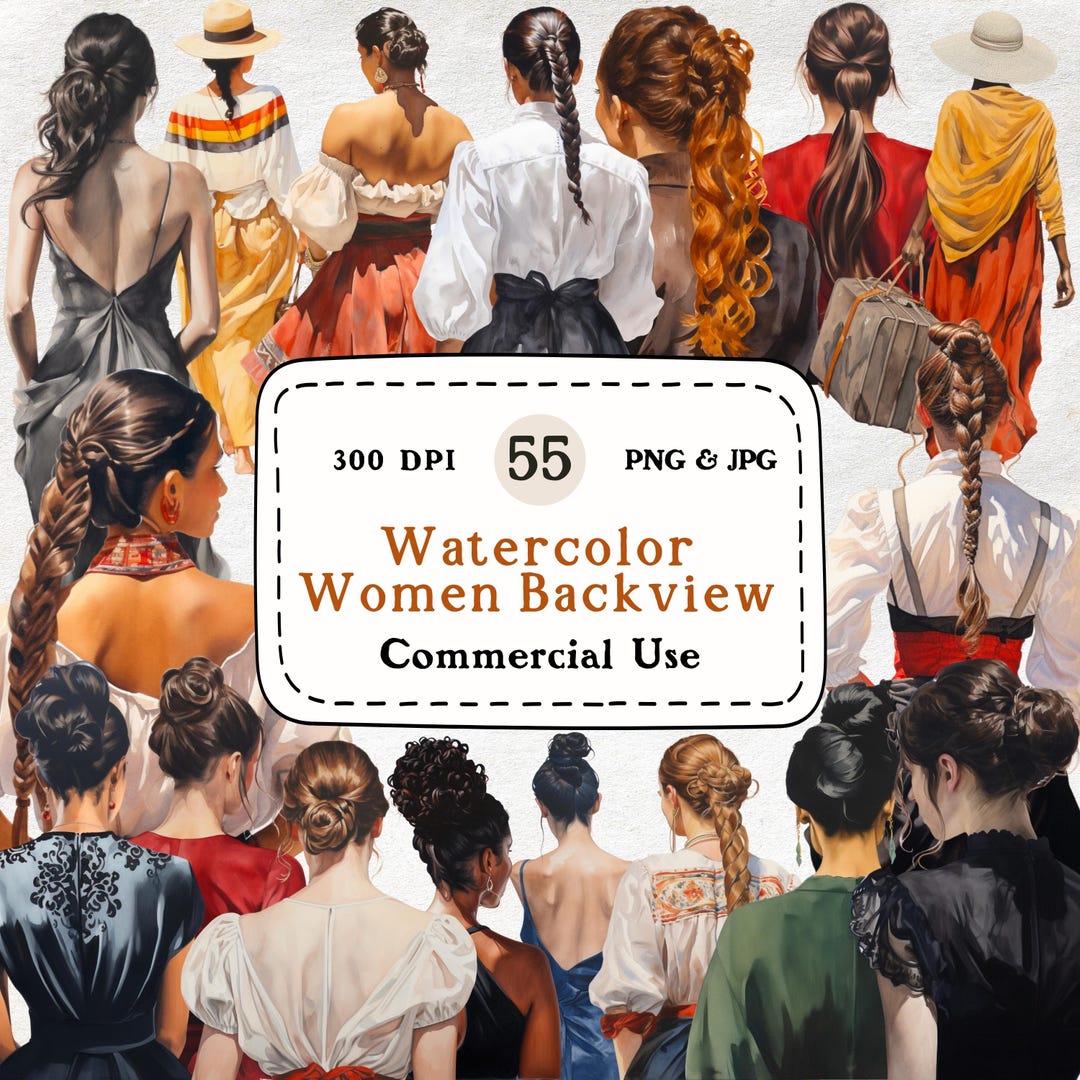 Women Back View - 55 Watercolor Clipart Set, Feminine, Woman Clipart ...