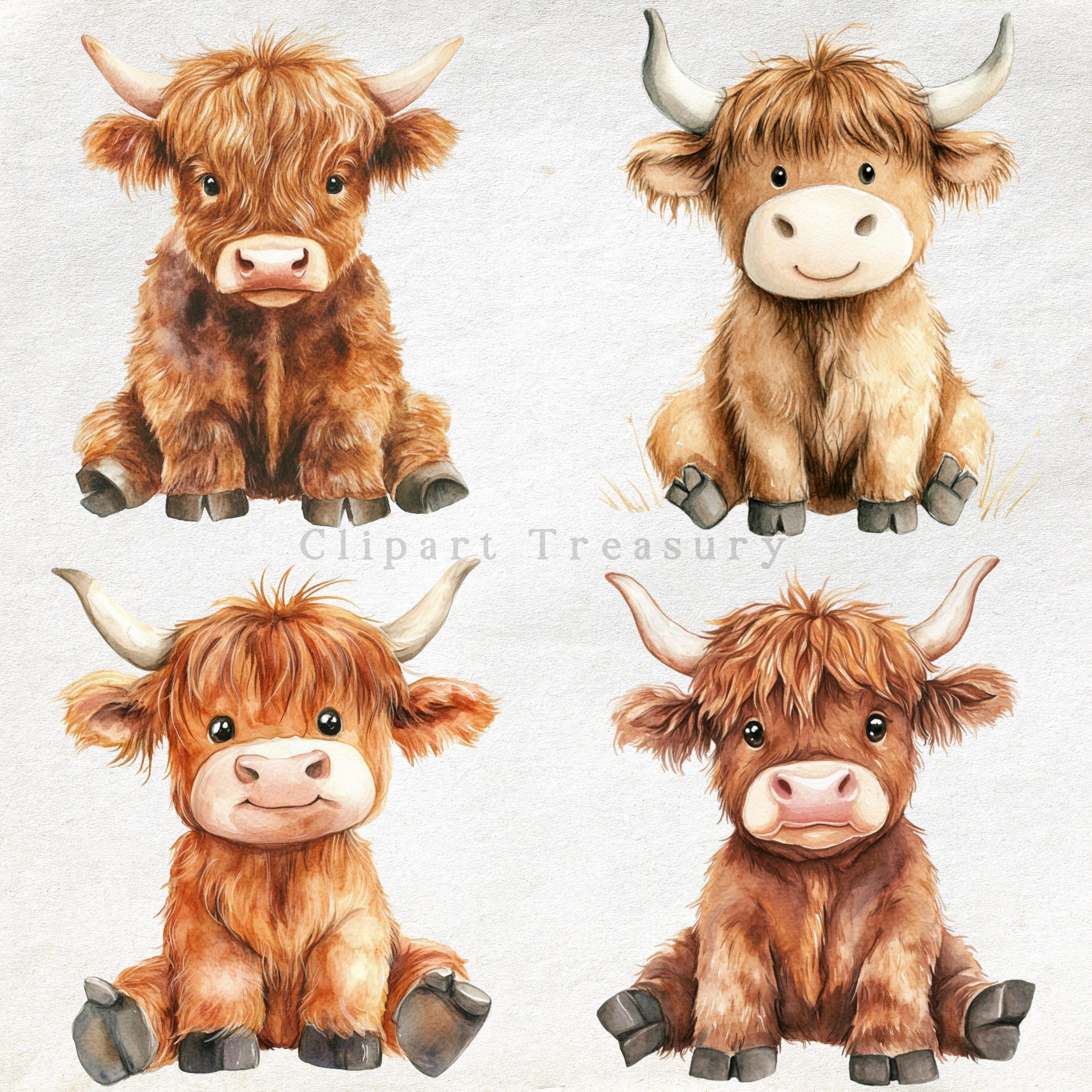 Cute Highland Cows 8 Watercolor Clipart Set, Cow Clipart, Cute Animal ...