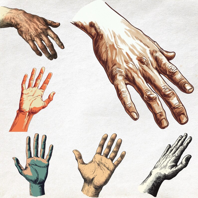 Vintage Hand Clipart Bundle - 10 Engraved Palm Illustrations, Etched ...