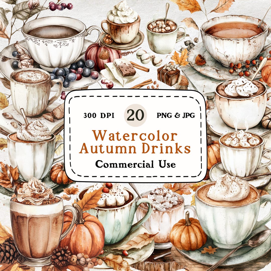 Autumn Drinks - 20 Watercolor Clipart Set, Fall Beverages, Autumn ...
