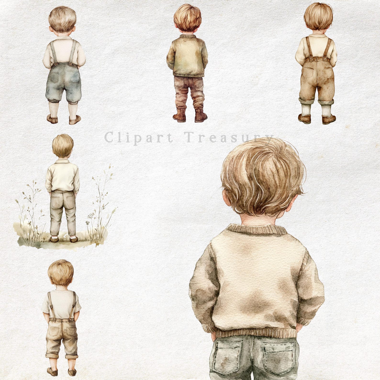 Little Boy Back View - 25 Watercolor Clipart Set, Kid's Illustration ...