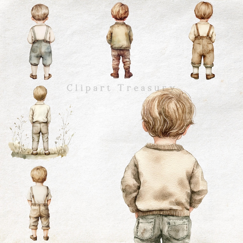 Little Boy Back View - 25 Watercolor Clipart Set, Kid's Illustration ...