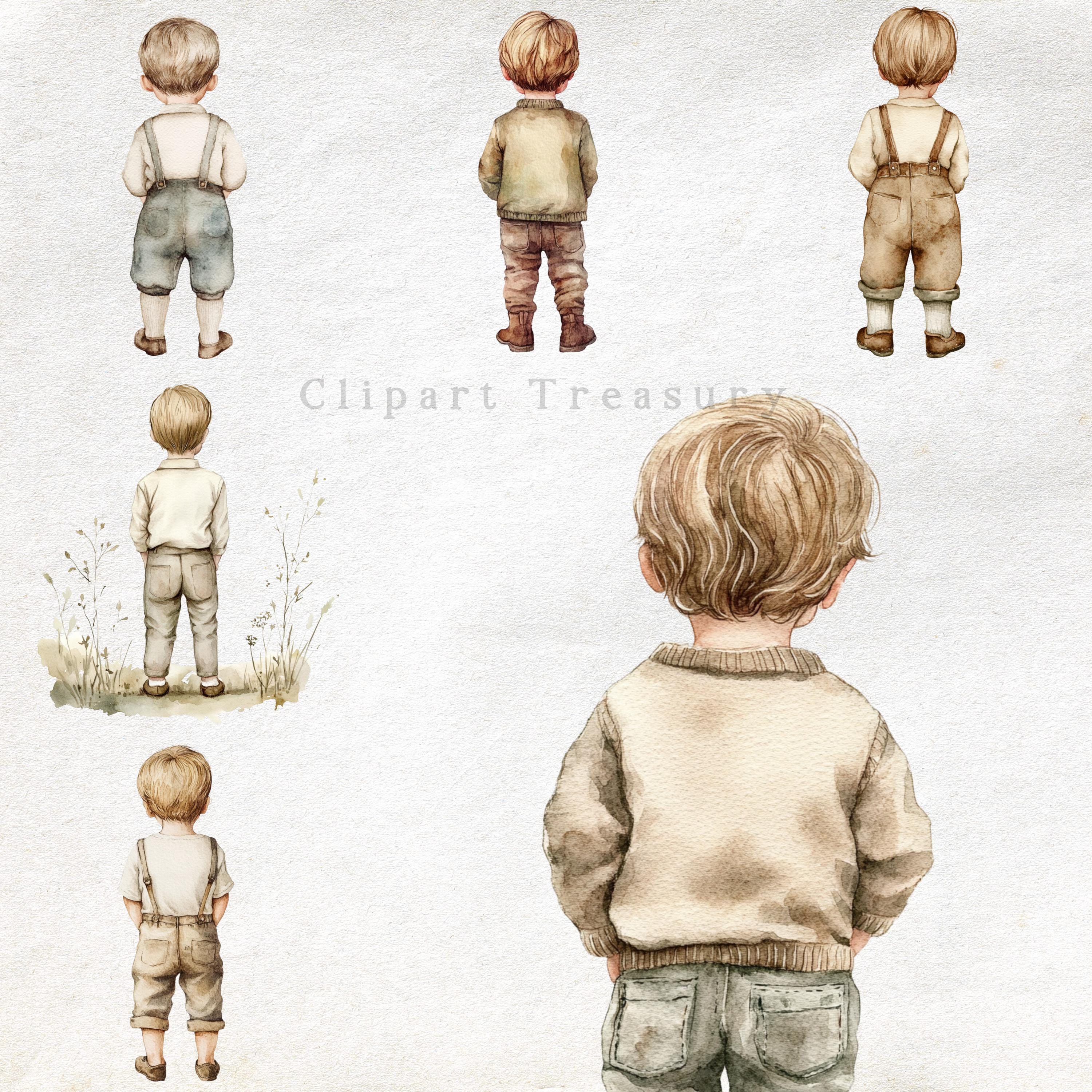 Little Boy Back View - 25 Watercolor Clipart Set, Kid's Illustration ...