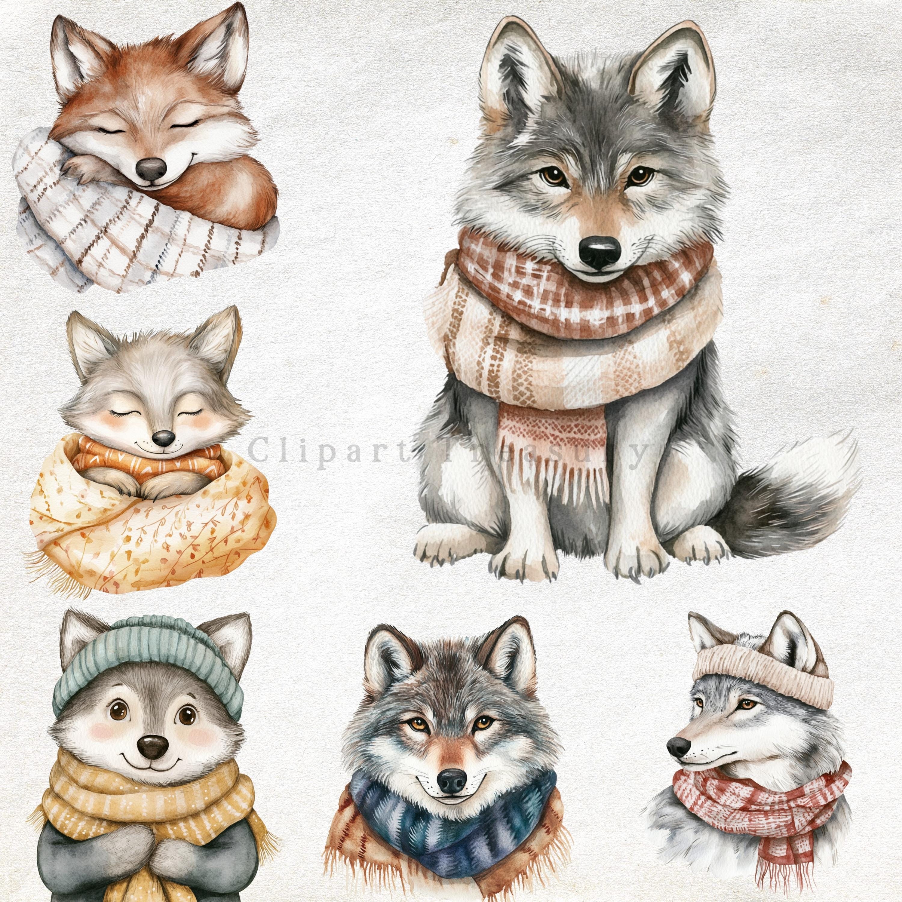 Cute Wolves - 10 Watercolor Clipart Set, Cute Wolf Clip Art, Animal ...