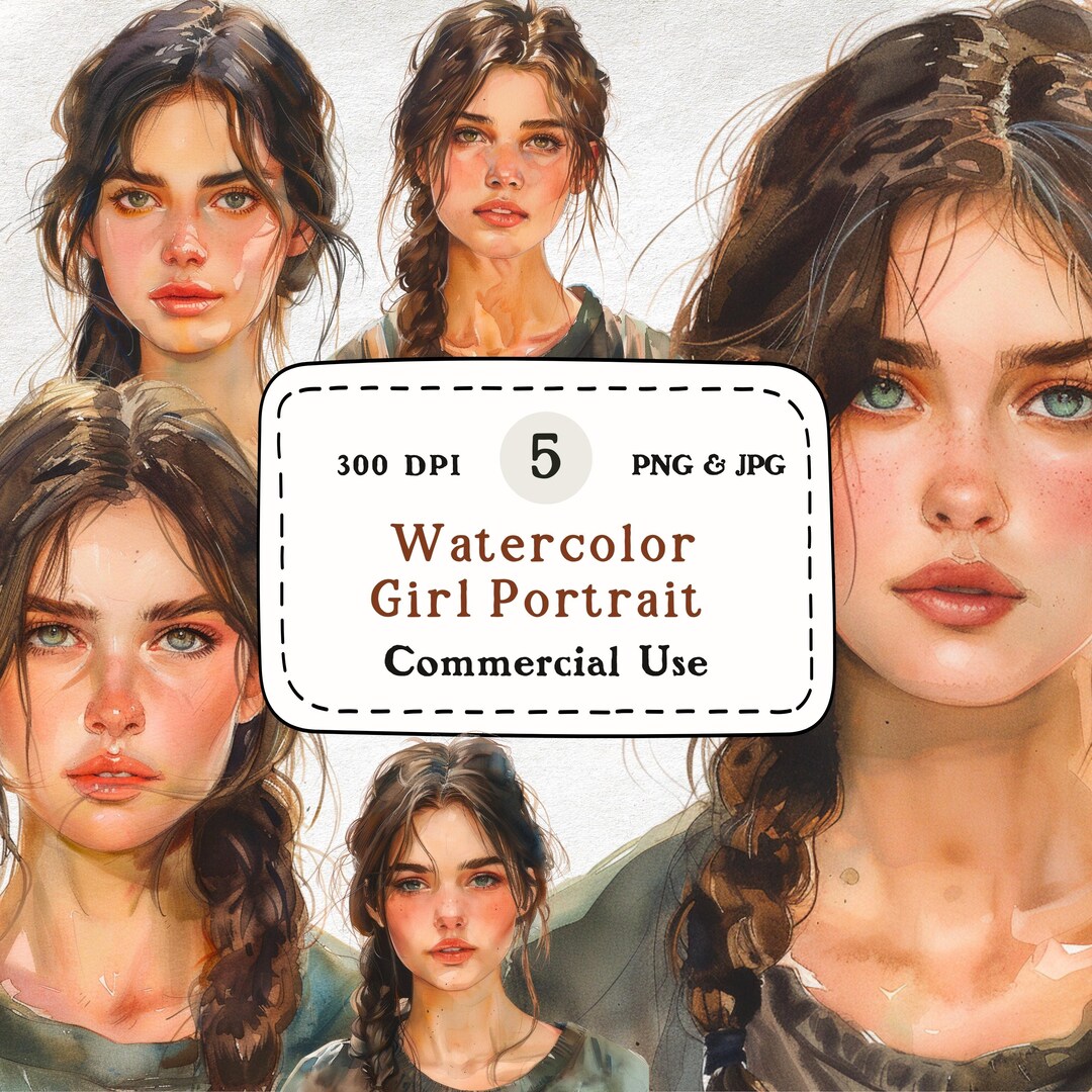 Watercolor Girl Portrait Clipart – 5 PNG & JPG Files (digital Download ...