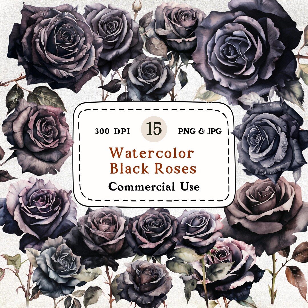 Black Rose Watercolor Clipart Set – 15 PNG & JPG, Commercial Use ...