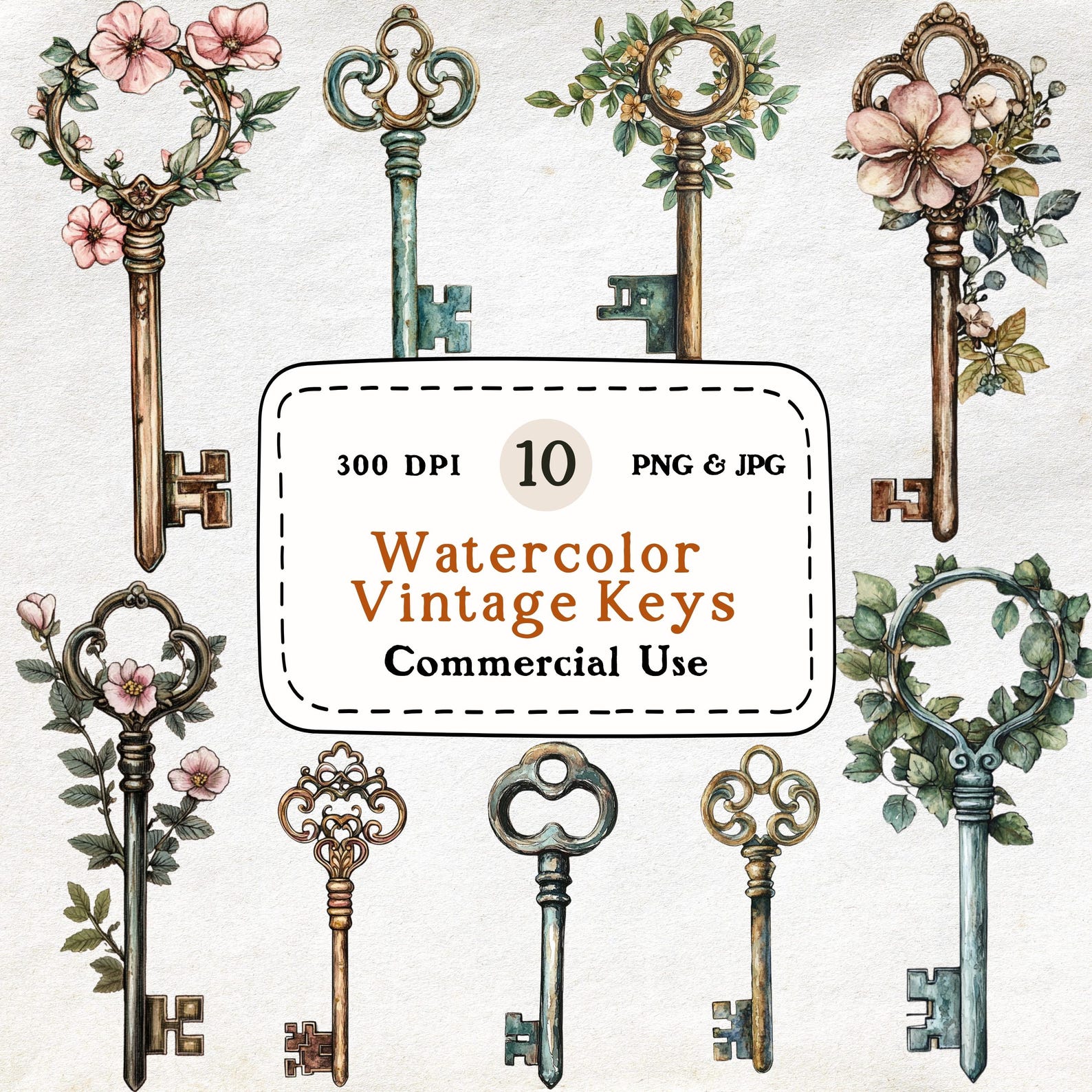 Vintage Keys - 10 Watercolor Clipart Set, Antique Key Illustration ...