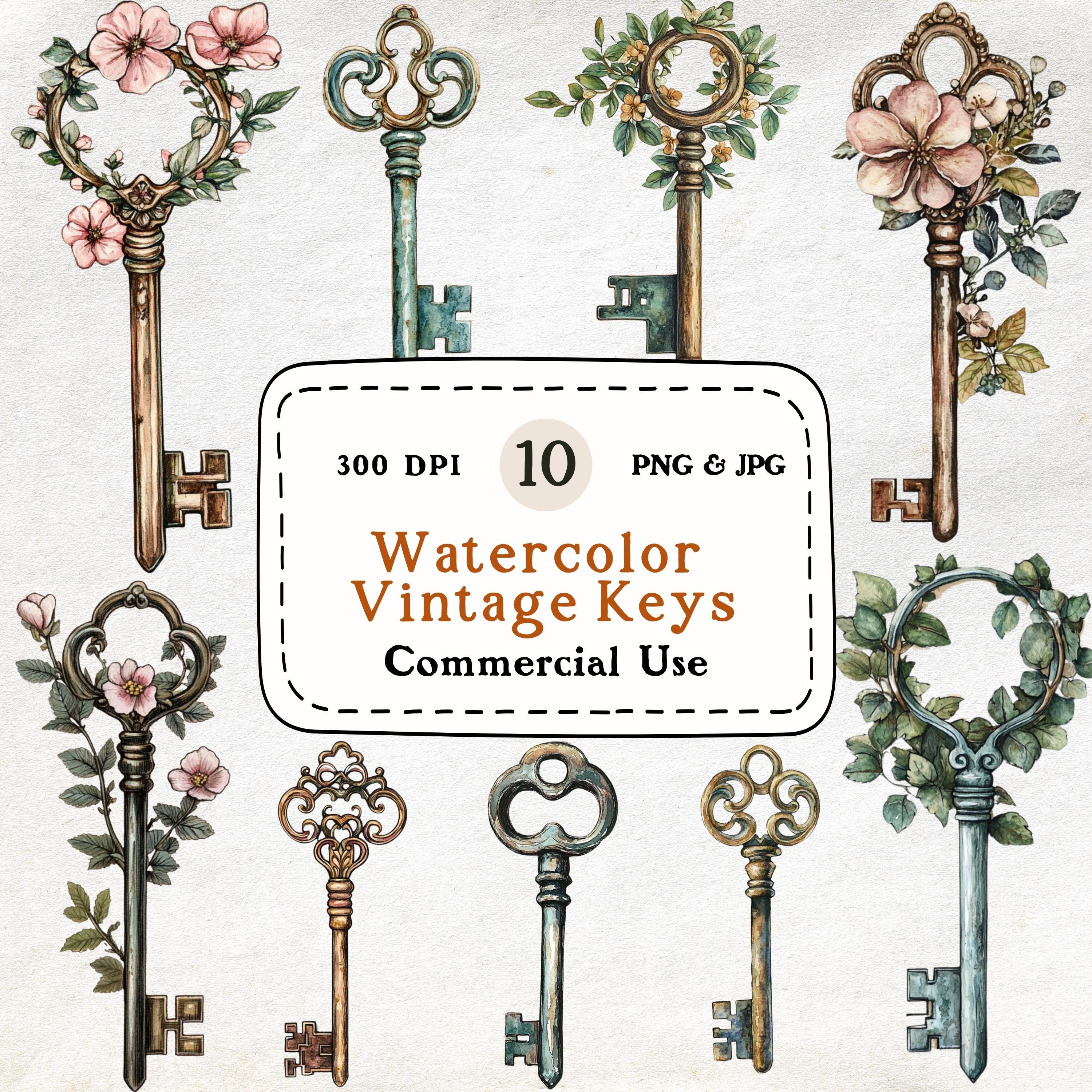 Vintage Keys - 10 Watercolor Clipart Set, Antique Key Illustration ...