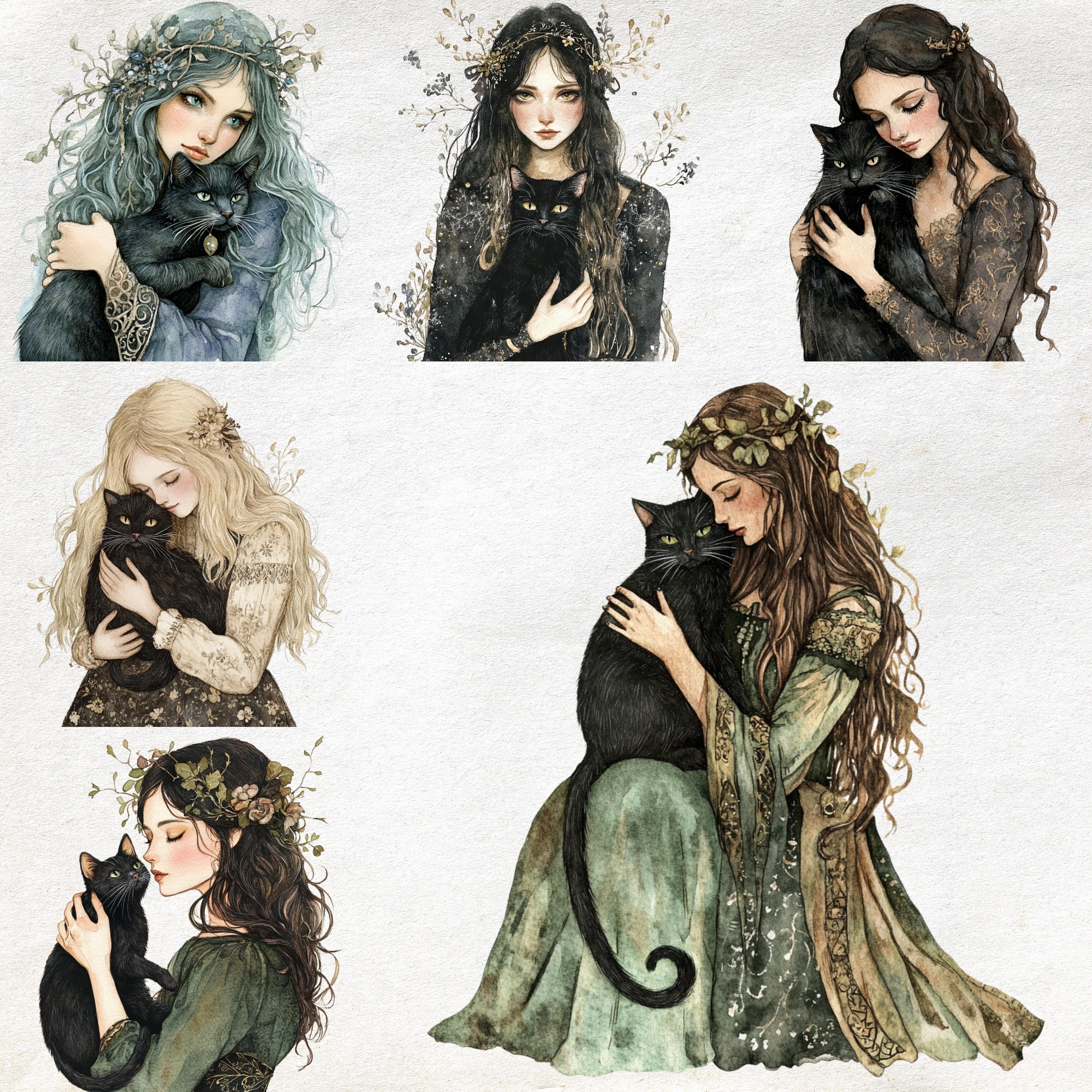 Witch and Her Cat - 14 Watercolor Clipart Set, Mystic Witch, Magical ...
