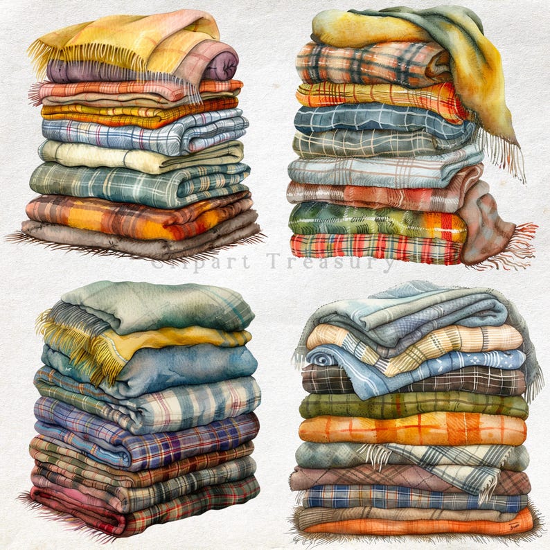 Folded Blankets - 8 Watercolor Clipart Set, Textile Clipart, Stack of ...