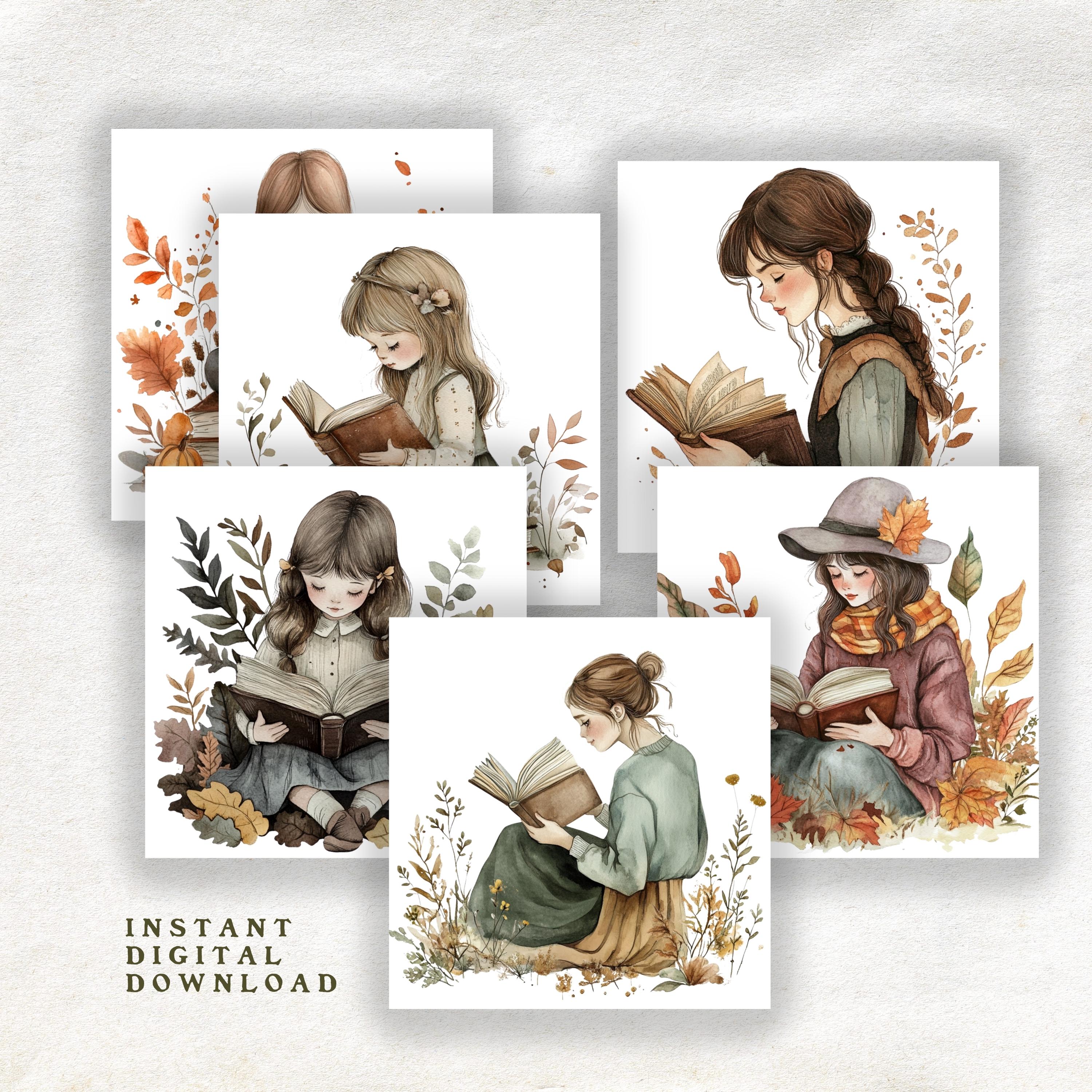 Girls Reading - 10 Watercolor Clipart Set, Reading Girl Clipart, Autumn ...