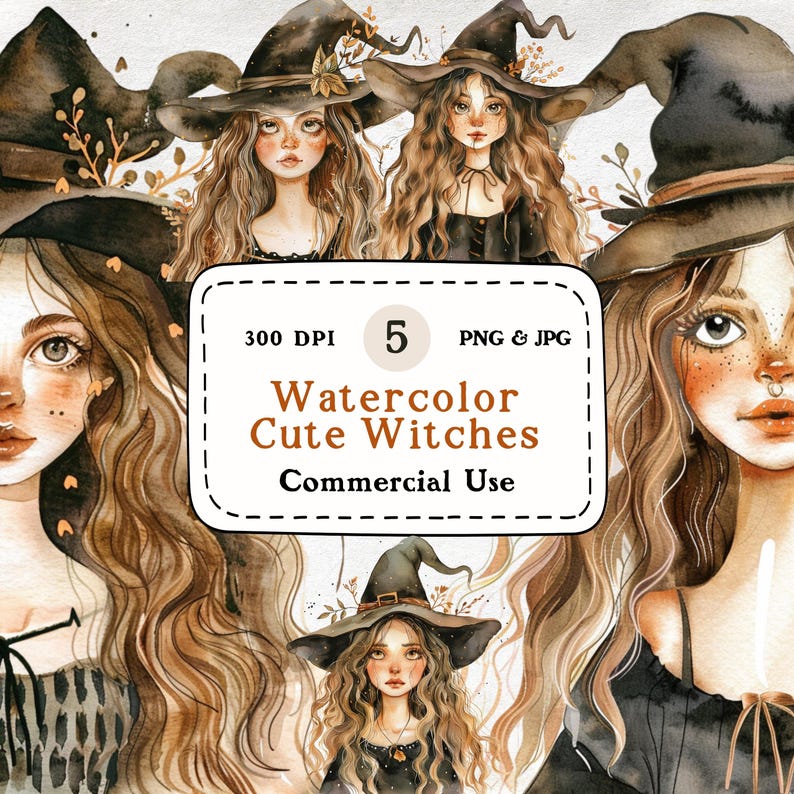 Cute Witch Portrait 5 Watercolor Clipart Set, Autumn Witch, Fall Witchy ...