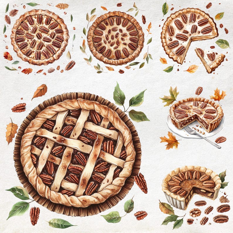 Watercolor Pecan Pie Clipart Set – Autumn Thanksgiving Food (digital ...